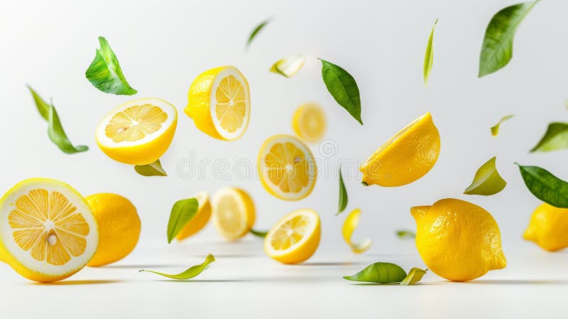 Fresh Flying Lemon Slices and Mint Leaves Isolated on White Stock Photo ...