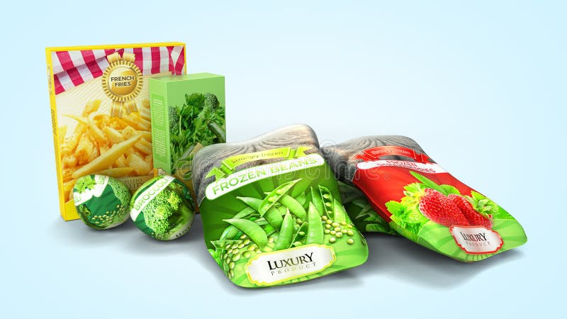 Fresh Food Different Packs of Vegetables 3d Render on Blue Gradient ...