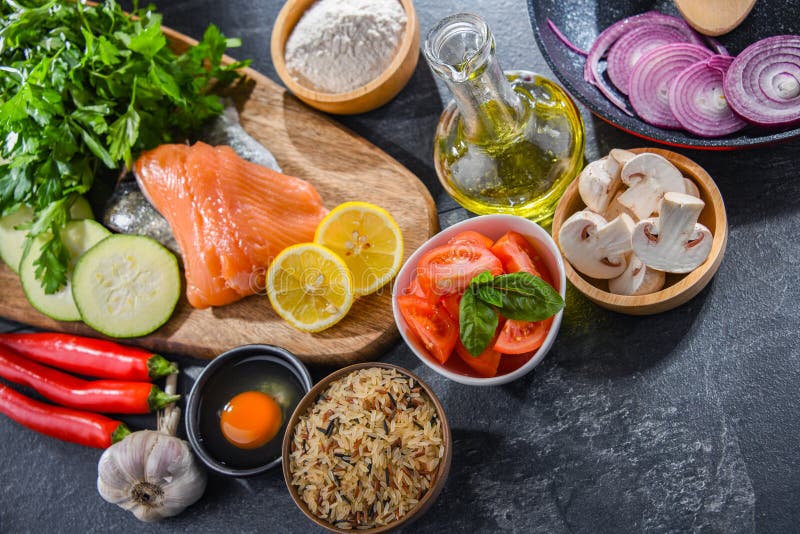 Fresh Food Ingredients Prepared for Cooking on a Kitchen Table Stock ...