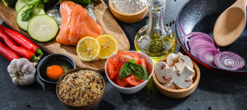 Fresh Food Ingredients Prepared for Cooking on a Kitchen Table Stock ...