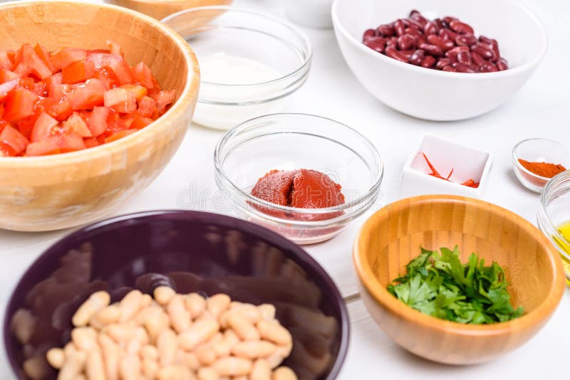 Fresh Food Ingredients on White Kitchen Table Stock Image - Image of ...
