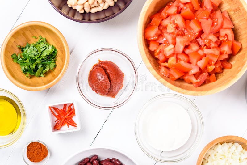 Fresh Food Ingredients on White Kitchen Table Stock Image - Image of ...
