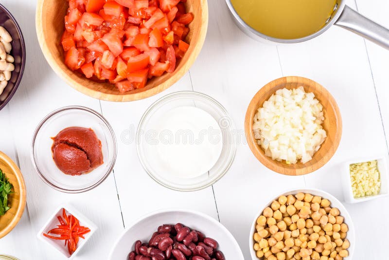 Fresh Food Ingredients on White Kitchen Table Stock Photo - Image of ...