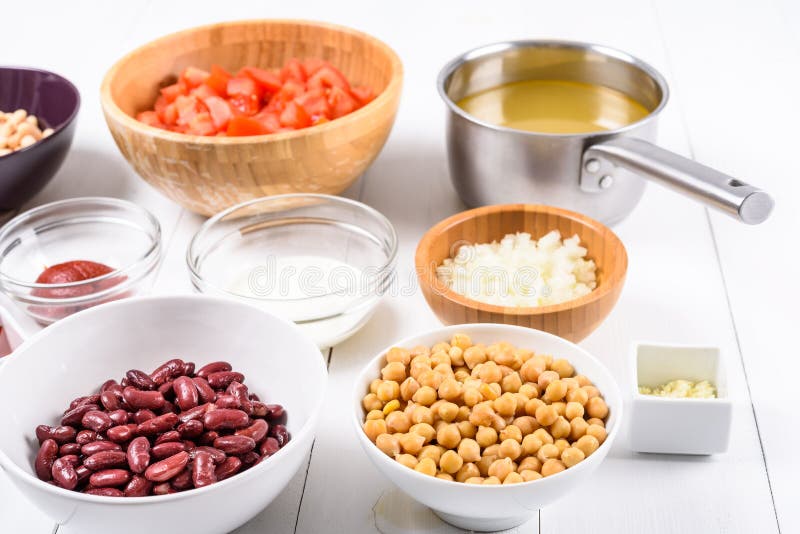 Fresh Food Ingredients on White Kitchen Table Stock Photo - Image of ...