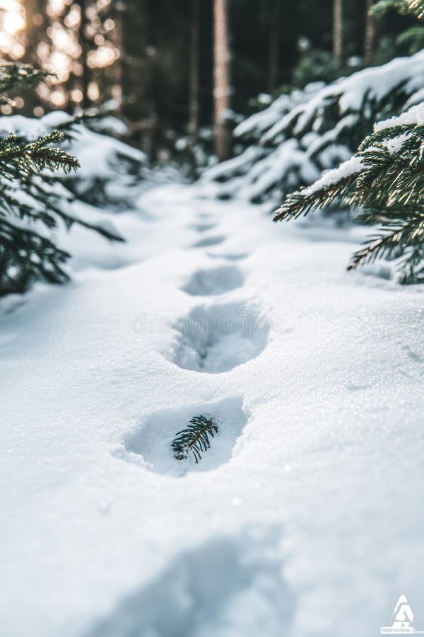 Fresh Footsteps. Tranquil Snowy Path through a Winter Forest, Sunlight ...