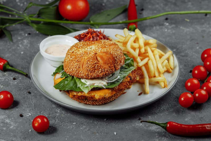 Fresh and Fried Fish Burger with Vegetables Stock Photo - Image of food ...