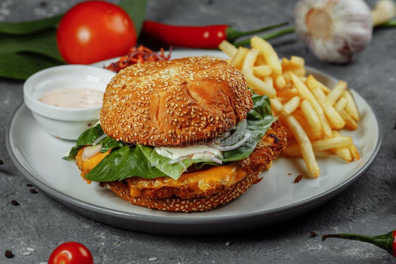 Fresh and Fried Fish Burger with Vegetables Stock Photo - Image of ...