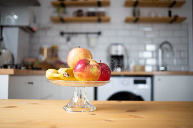 Fresh Fruit Apples and Bananas in Modern Kitchen Stock Photo - Image of ...