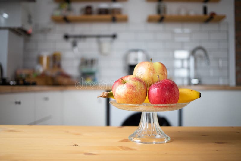 Fresh Fruit Apples and Bananas in Modern Kitchen Stock Image - Image of ...