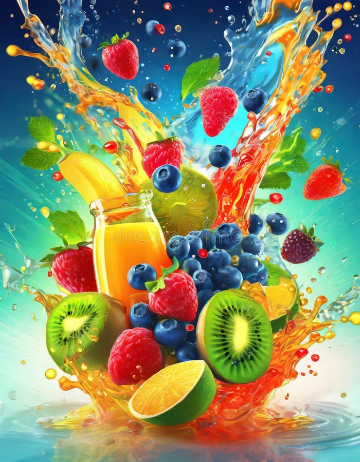 Fresh Fruit, Berries, and Juice in a Big Splash Stock Image - Image of ...