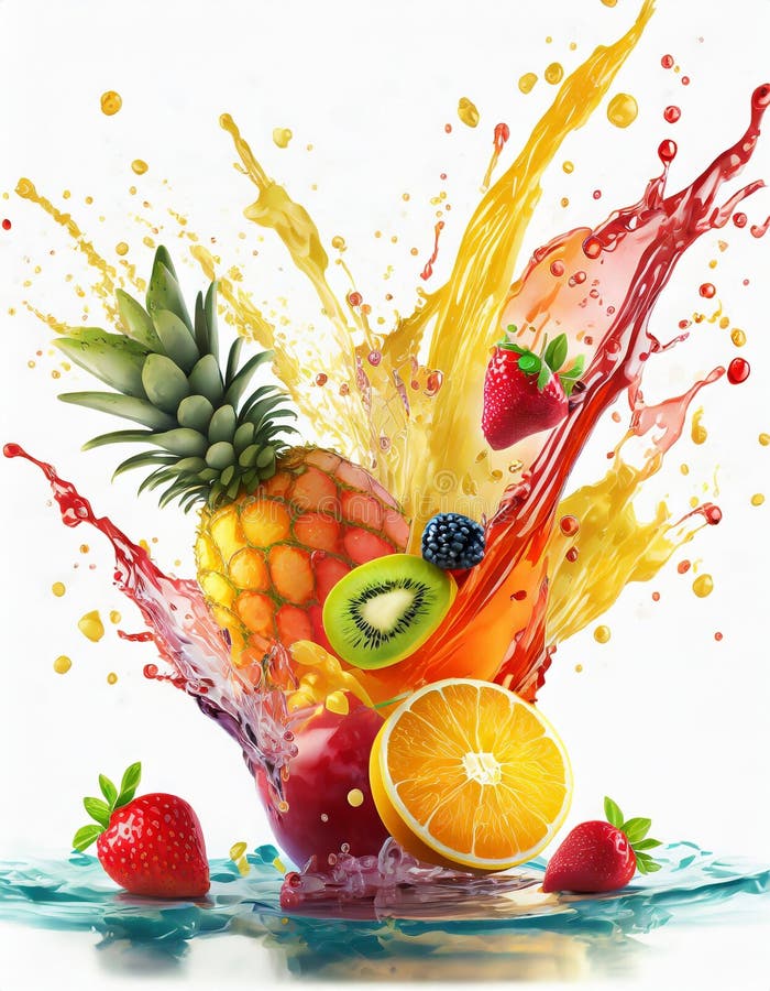 Fresh Fruit, Berries, and Juice in a Big Splash Stock Photo - Image of ...