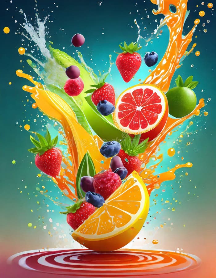 Fresh Fruit, Berries, and Juice in a Big Splash Stock Photo - Image of ...