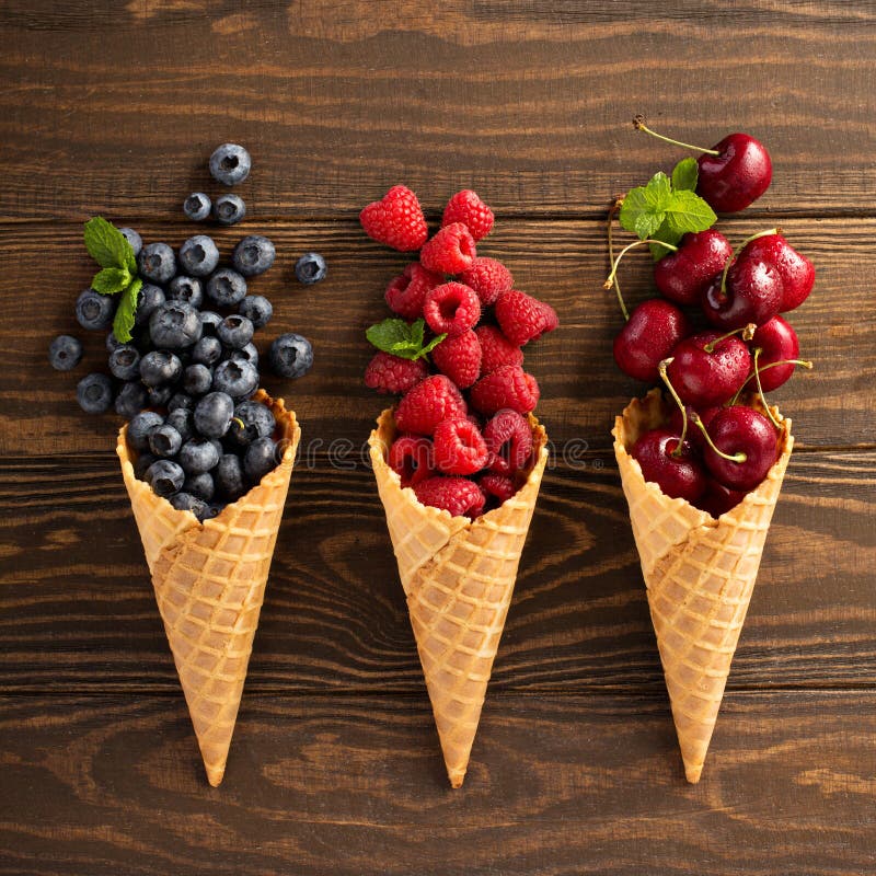Fresh Fruit and Berries in Waffle Cones Stock Image - Image of leaf ...
