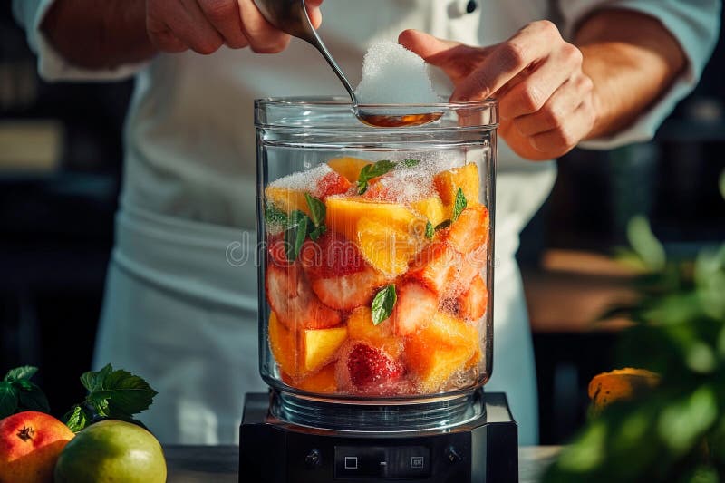 Fresh Fruit Blend Creation in a Modern Kitchen with Vibrant Ingredients ...