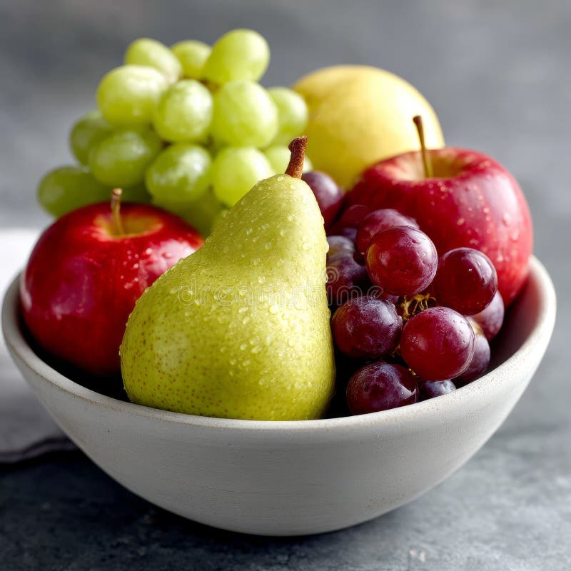 Fresh Fruit Bowl with Apples, Pear, and Grapes on a Table. Stock Image ...