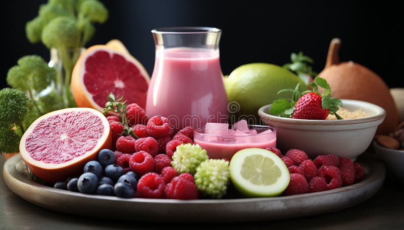 Fresh Fruit Bowl Raspberry, Strawberry, Blueberry, Grapefruit, Orange ...
