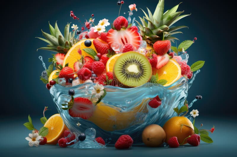 Fresh Fruit in a Bowl with Water Splash, AI Stock Photo - Image of ...
