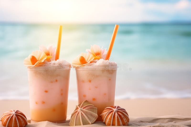 Fresh Fruit Bubble Tea with Tapioca Pearls on Sand of Paradise Beach ...