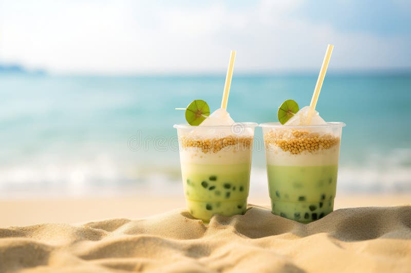 Fresh Fruit Bubble Tea with Tapioca Pearls on Sand of Paradise Beach ...