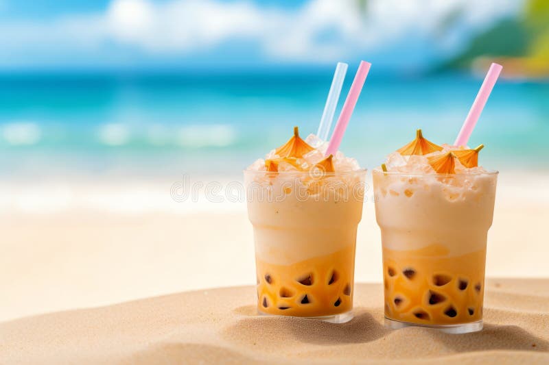 Fresh Fruit Bubble Tea with Tapioca Pearls on Sand of Paradise Beach ...