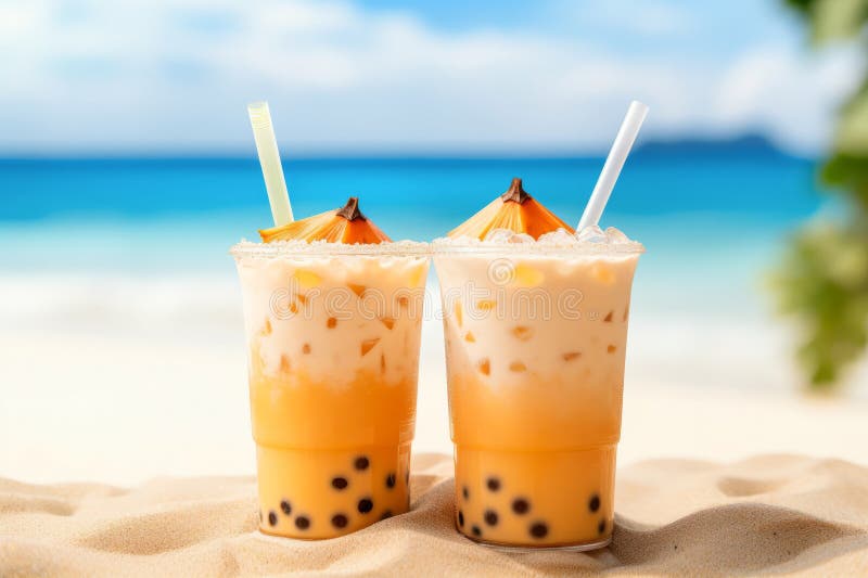 Fresh Fruit Bubble Tea with Tapioca Pearls on Sand of Paradise Beach ...