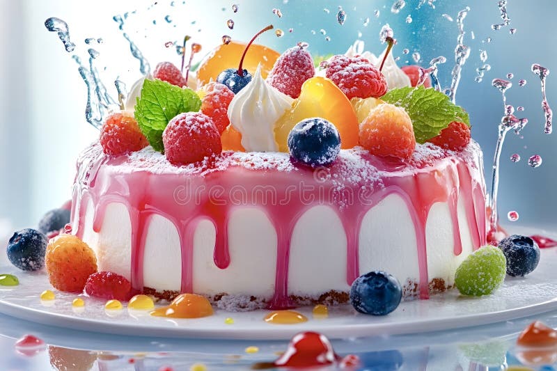 Delicious Cake Decorated with Fresh Fruits and Water Splashing Stock ...