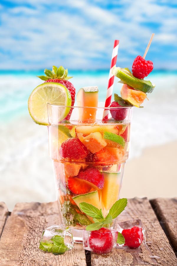 Fresh Fruit Cocktail at the Beach Stock Photo - Image of berries, sugar ...