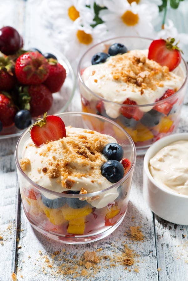 Fresh Fruit Dessert with Custard in Glasses, Vertical Top View Stock ...