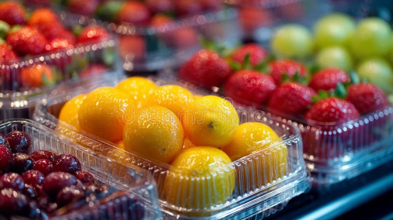 Fresh Fruit Display: Strawberries, Lemons, and Grapes in Clear ...