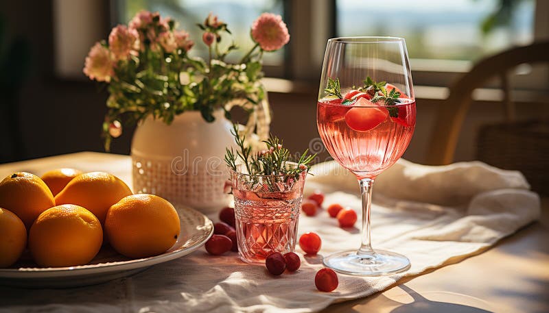 Fresh Fruit and Drink on Table, Nature Healthy Refreshment Generated by ...