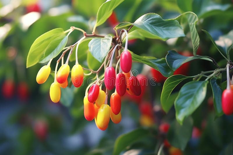 Fresh Fruit Hanging from a Tree Branch, Red and Yellow Berries Stock ...
