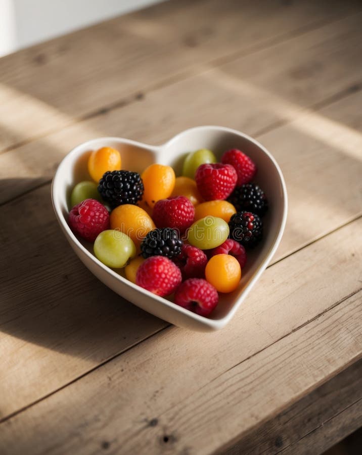 Fresh Fruit Heart Bowl on Rustic Wood Table. Stock Image - Image of ...