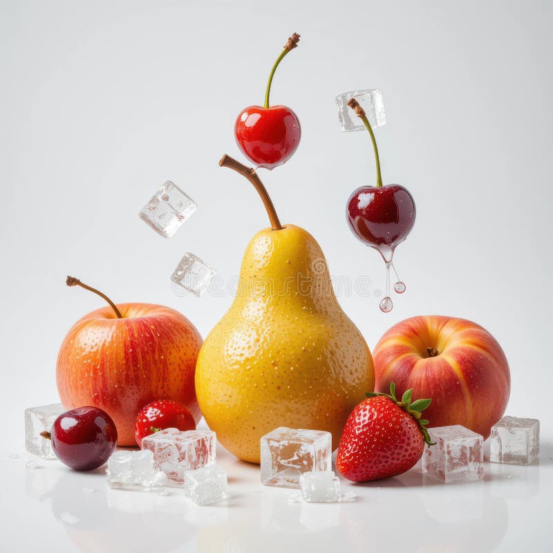 Fresh Fruit on Ice Cubes. Pear, Apple, Strawberry, Sour Cherry and ...