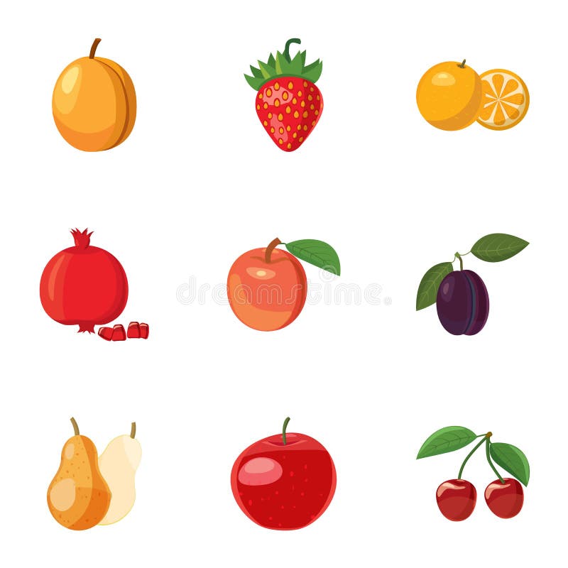 Fresh Fruit Icons Set, Cartoon Style Stock Vector - Illustration of ...