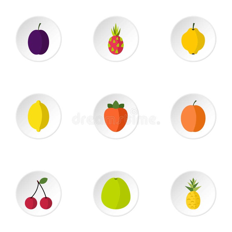 Fresh Fruit Icons Set, Flat Style Stock Vector - Illustration of dragon ...