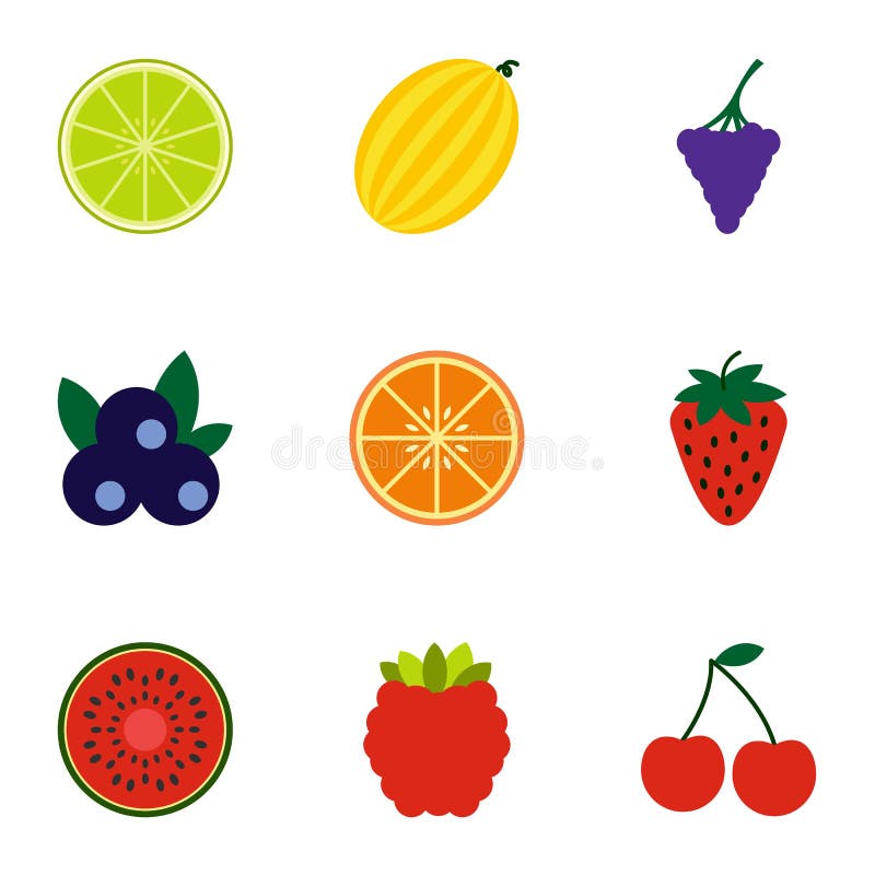 Fresh Fruit Icons Set, Flat Style Stock Vector - Illustration of ...