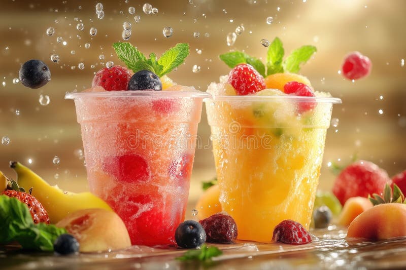 Fresh Fruit Icy Slushies in Plastic Glasses Ai Photo Stock Illustration ...