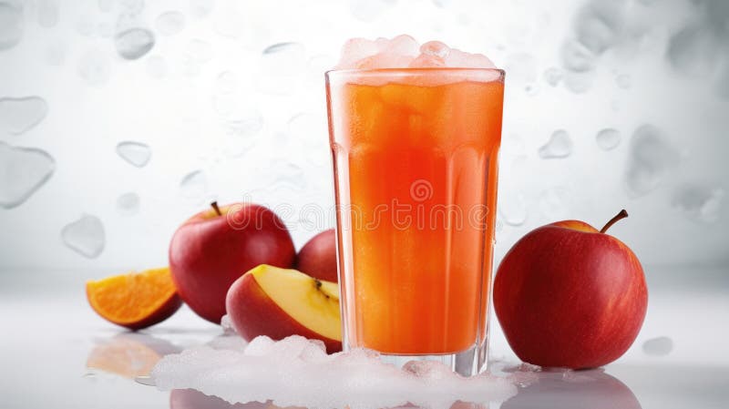 Fresh Fruit Juice with Ice Cubes and Red Apples on a White Background ...