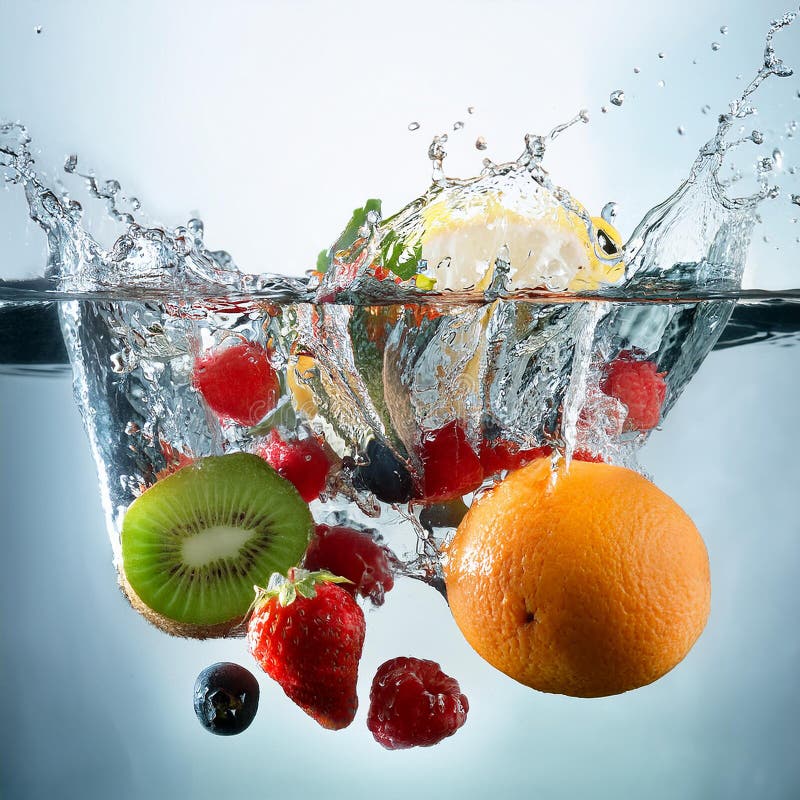 Fresh Fruit Jumping into Water with a Splash Stock Illustration ...
