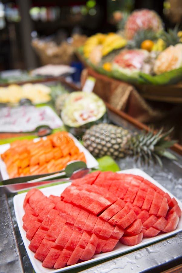 Fresh Fruit on the Line Buffet in the Restaurant Stock Photo - Image of ...