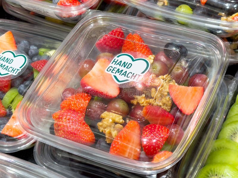 Fresh Fruit Mix in Clear Plastic Containers with "handgemacht" Label ...