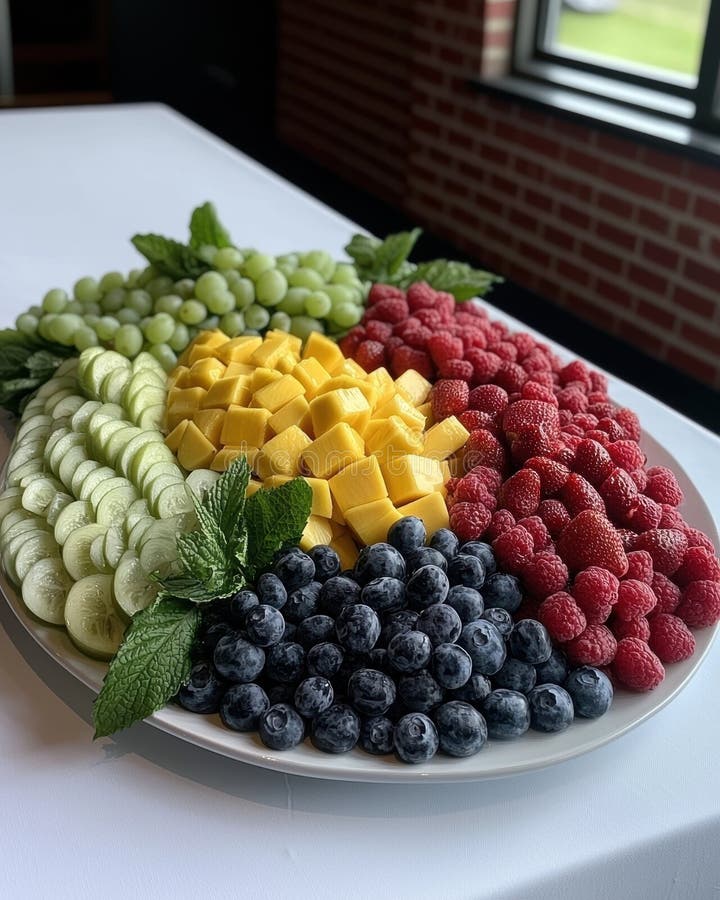 Fresh Fruit Platter with Mango, Berries, Cucumber, and Grapes Stock ...