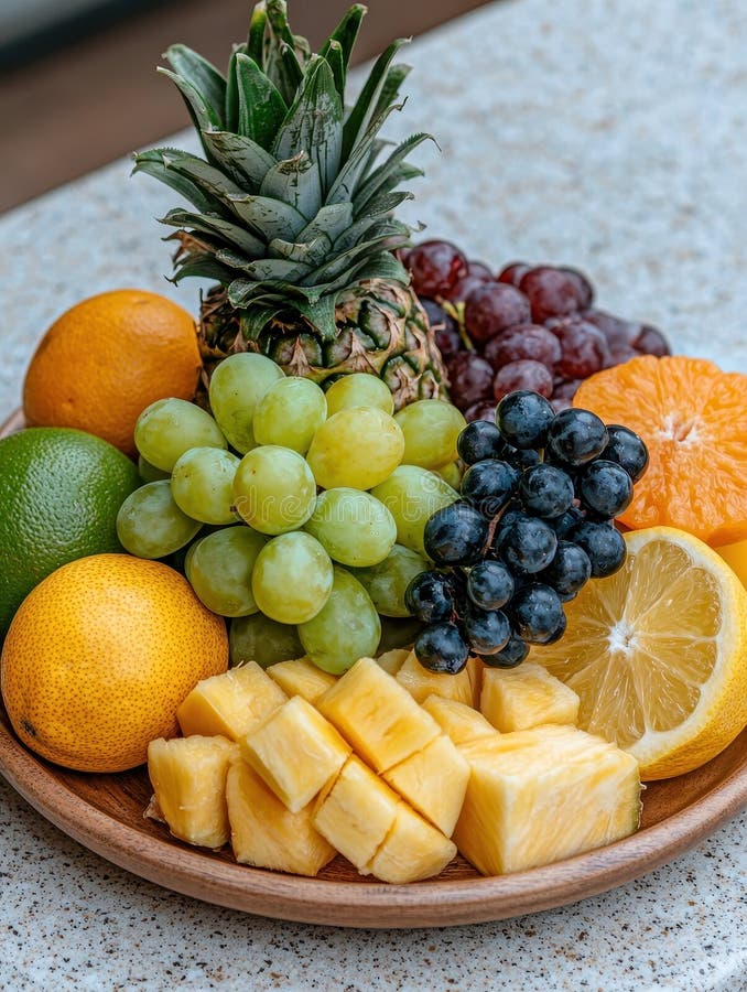 Fresh Fruit Platter with Pineapple, Oranges, Grapes, and Lemon Stock ...
