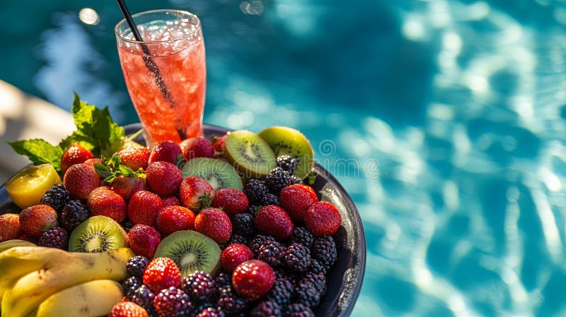 A Fresh Fruit Platter Served Poolside with a Cool Drink on the Side ...