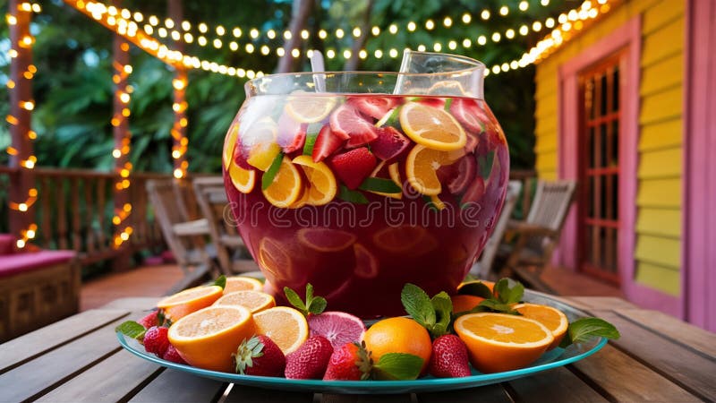 Fresh Fruit Punch Bowl on a Vibrant Patio with Festive Lights Stock ...