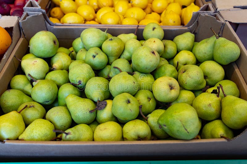 Fresh Fruit, Ripe Pears on the Counter in the Supermarket Stock Photo ...