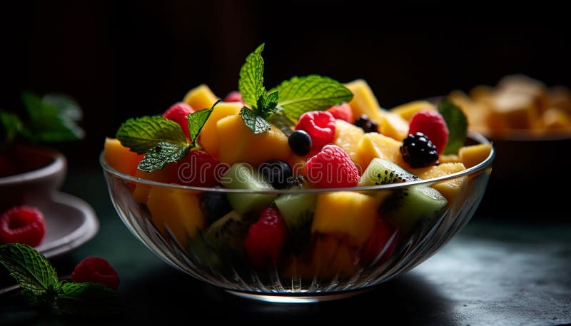 Fresh Fruit Salad with Berries and Mint Leaves Generated by AI Stock ...