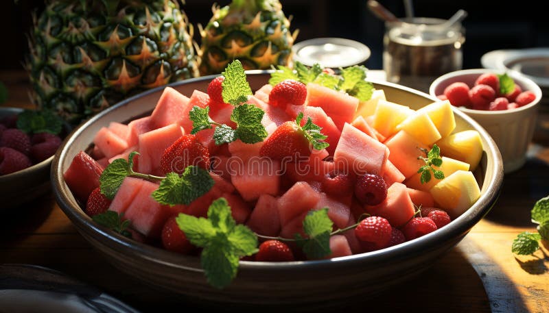 Fresh Fruit Salad Melon, Strawberry, Pineapple, Raspberry, Watermelon ...