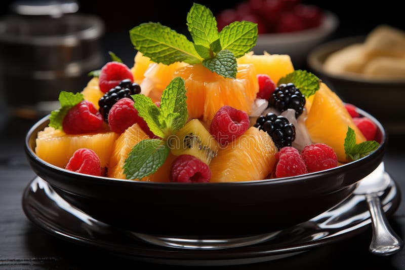 Fresh Fruit Salad with Mint Leaves AI Generated Stock Illustration ...