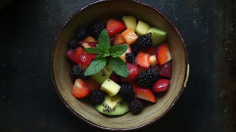 Fresh Fruit Salad, Mint Leaves, Ceramic Bowl. Stock Photo - Image of ...